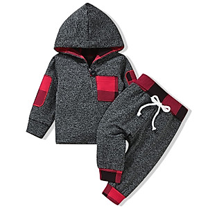 Aalizzwell Toddler Little Boys Sweatsuit Buffalo Plaid Fall Winter Christmas Outfits Xmas Clothes Long Sleeve Hoodie Sweatshirt Pants Set 5T