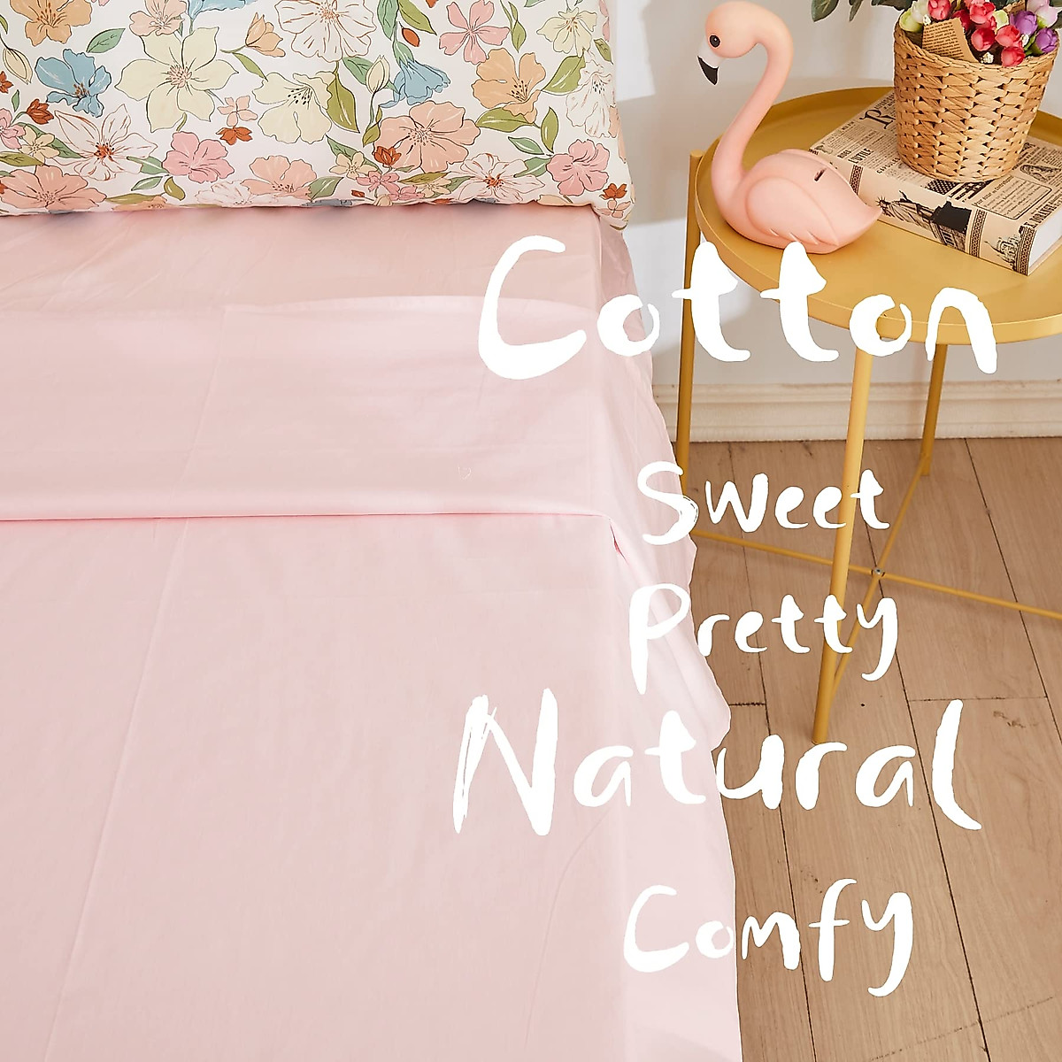 Brandream Toddler Bedding Set Girls Pink Floral Comforter Sheet Set 4 Piece Bed in A Bag Farmhouse Kids Baby Bedding with Fitted Sheet Flat Sheet Pillowcase, Luxury Design