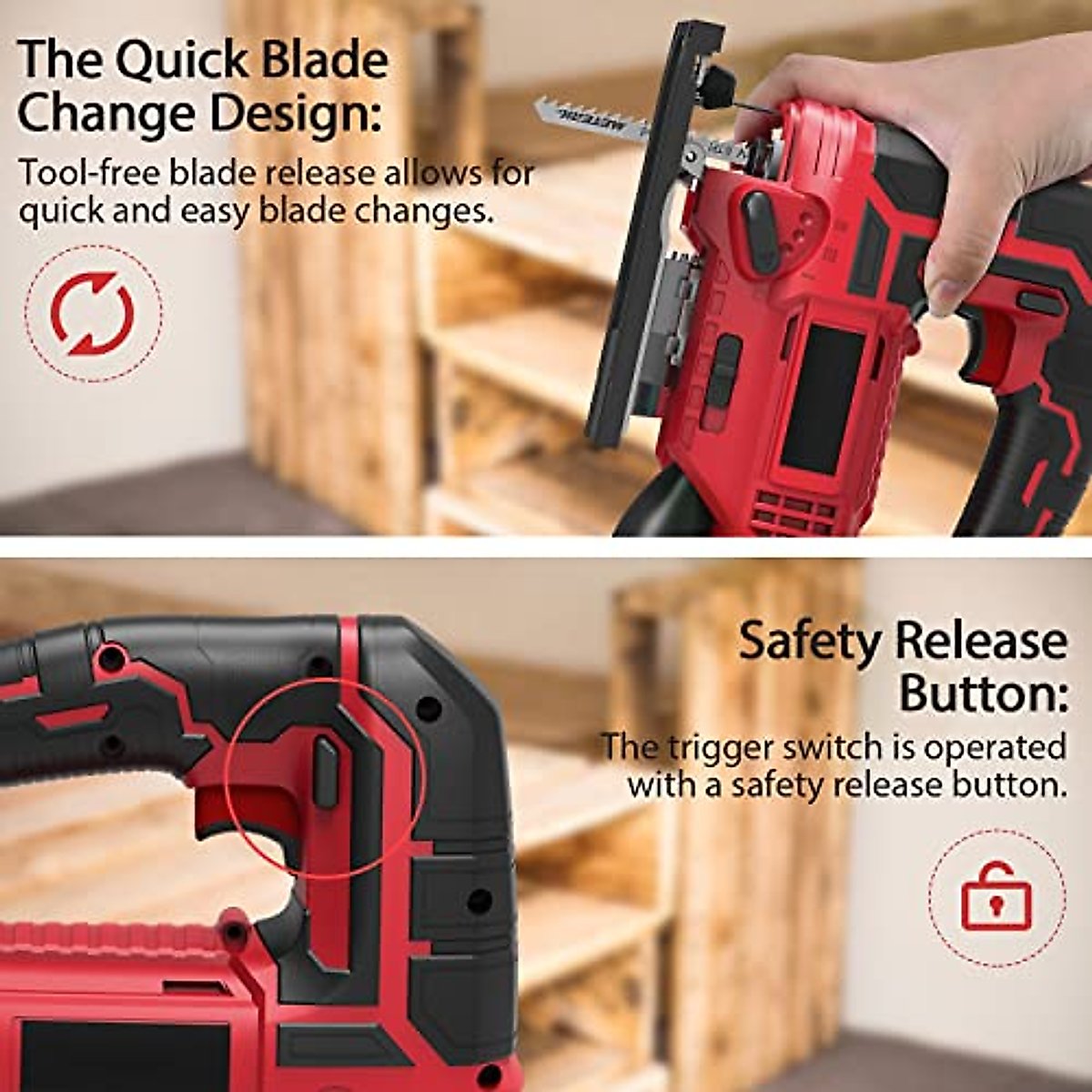 Jigsaw, 20V Cordless Jig Saws with LED, 10Pcs Blades, 4 Orbital Settings, Variable Speed, ±45° Bevel Cutting, Scale Ruler, Tool-free Blade Changing, Battery & Carrying Bag & Fast Charger Included（A）