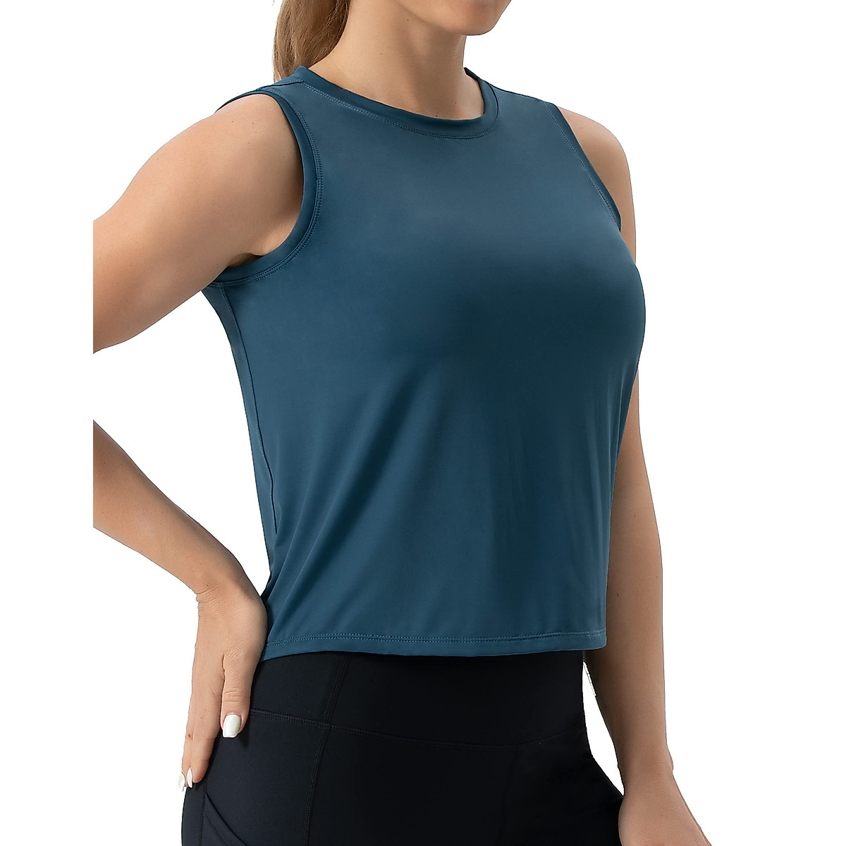 Ice Silk Workout Tops for Women Quick Dry Muscle Gym Running Shirts Sleeveless Dark Blue Green