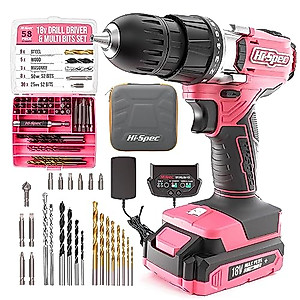 Hi-Spec 58pc Pink 18V Cordless Power Drill Driver, Bit Set & Case. Complete Home & Garage DIY Tool