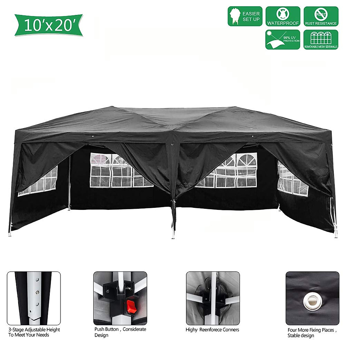10x20 Ft Easy Pop up Canopy, Waterproof Party Tent, Adjustable Height Outdoor Gazebo w/ 6 Removable Sidewalls & 4 Windows for Patio Backyard Porch Garden Beach, Carry Bag Included (Black)