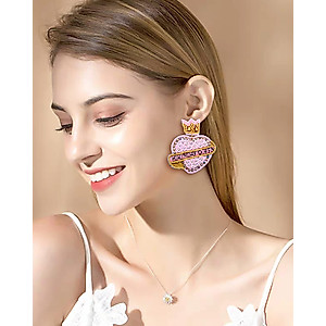 CEALXHENY Beaded Birthday Earrings for Women Delicate Birthday Queen Heart Drop Dangle Earrings Statement Handmade Birthday Party Jewelry Gifts (Pink)