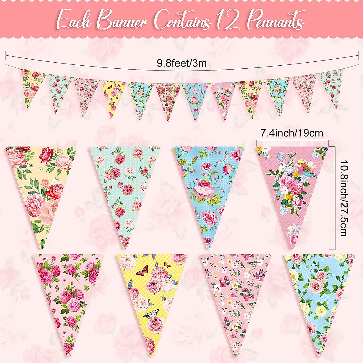 49 Ft 60 Pcs Tea Floral Party Paper Bunting Decor Outdoor Bunting Banner Floral Pennant Banner Tea Party Birthday Supplies for Wonderland Tea Party Favor Garden Baby Shower Bridal Wed Girl Bedroom
