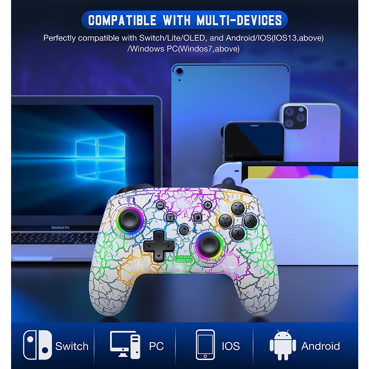 Switch Controller, Gammeefy Wireless Switch Pro Controller for Nintendo Switch/Lite/OLED, 9 Color Adjustable LED Switch Remote Compatible with Windows PC/Android/IOS/Xbox 360 with Programmable (White)