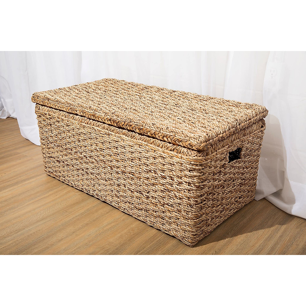 Wholestory Collective Handwoven Wicker 35" Banana Leaf Rattan Storage Trunk and Chest Seagrass XL Organizers with Lid, Natural Color with Handles