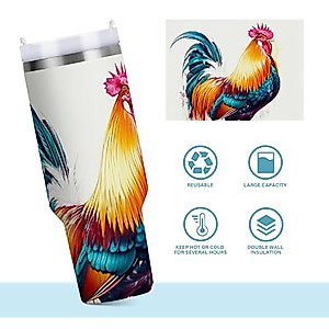 ODAWA Large Travel Coffee Tumbler with Straw and Handle, Rooster Beige Spill Proof Tumbler with Straw