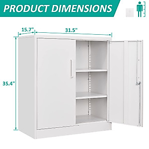 SISESOL Steel Storage Cabinet Office Cabinet with Shelves and 2 Doors,White Metal Storage Cabinet, Locking Small Metal Cabinets,Steel Counter Cabinets with Lock for Garage Home Office Pantry