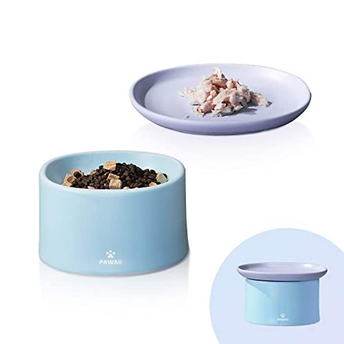 Pawaii Ceramic Cat Bowl, Combined Type Elevated Cat Bowl, Whisker Fatigue Cat Bowl, Dishwasher and Microwave Safe, One Elevated Cat Bowl and One Dish