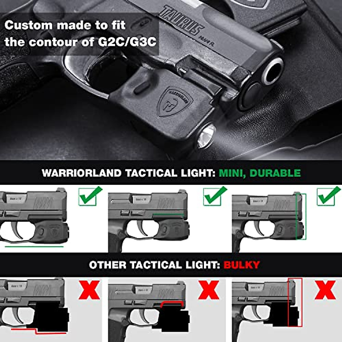 WARRIORLAND Mini Gun Light with Kydex Holster Tailored Made: Taurus G2C / Taurus G3C Pistol, 150 Lumens G2C Handgun Light, LED Tactical Flashlight SL-1 w/ G2C Holster