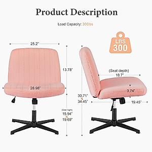 Sweetcrispy Criss Cross Chair Legged, Armless Office Desk Chair No Wheels, Swivel Vanity Chair, Height Adjustable Wide Seat Computer Task Chair, Fabric Vanity Modern Home Chair Pink