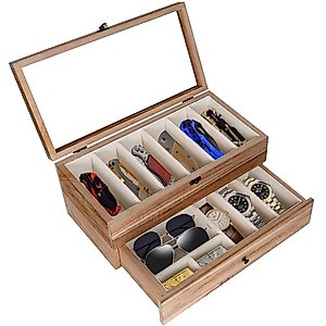 Fly2Top Knife Display Case for Pocket Knives: Wooden Pocket Knife Holder Organizer with Drawer for Folding Knife Butterfly Knives Collections Storage