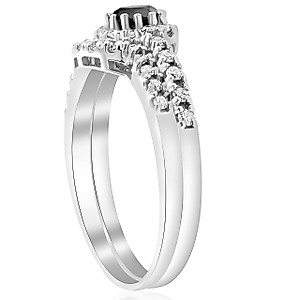 7/8ct Black Pave Halo Diamond Vintage Engagement Wedding Ring Set 14k White Gold - Size 9.5