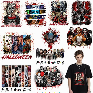 10 Sheets Halloween Iron on Transfers for T-Shirts,Halloween Iron on Patches Stickers,Horror Movie Characters,Halloween Heat Transfer Vinyl Halloween Iron on Decals for T-Shirt Clothes DIY