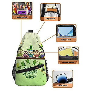 Sling Backpack, St. Patrick's Day Owls Banners Balloons Green Waterproof Lightweight Small Sling Bag, Travel Chest Bag Crossbody Shoulder Bag Hiking Daypack for Women Men