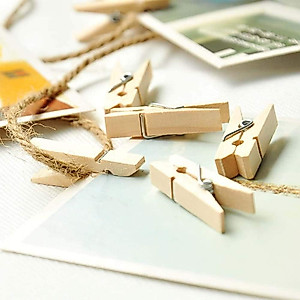 Mini Clothespins,200 Pcs Natural Wooden Photo Clips and 20 Meters Jute Twines for Photo Wall Decoration Craft Pins Pegs Scrapbooking Postcard Art Work Display
