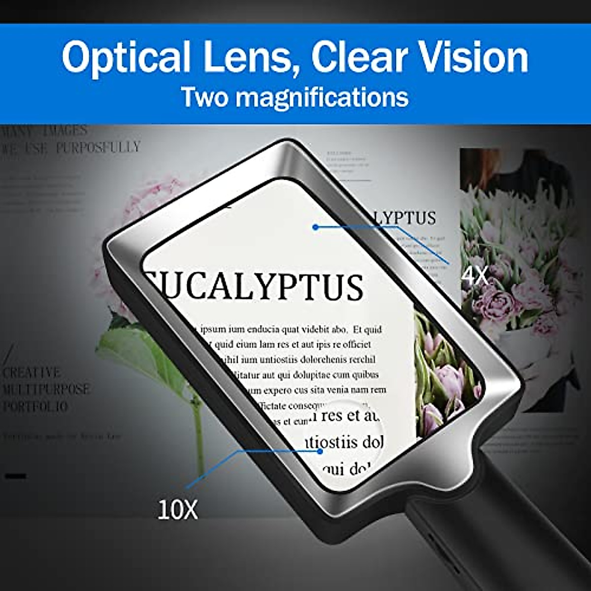Magnifying Glass with Light, 4X 10X Black Magnifier with 20 Anti-Glare and Dimmable LED Lights Provides Evenly-Lit Viewing Area for Low Vision Seniors