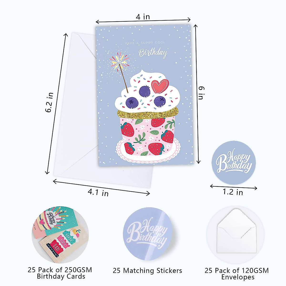 FUHITIM Birthday Cards,25 Pcs Blank Cards with Envelopes & Stickers,25 Design,4x6 Inches Happy Birthday Card,Birthday Card for Kids,Friends,Family and Colleagues