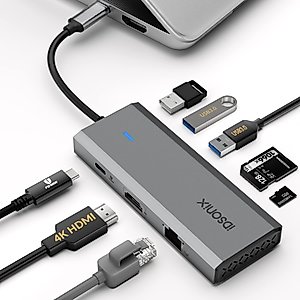 Docking Station - iDsonix 8 in 1 USB C Hub Aluminum Multiport Adapter with HDMI 4K@60Hz, PD 100W, 1Gigabit Ethernet, SD/TF Card Reader for MacBook Air/Pro iPad Dell/Hp Laptop and More