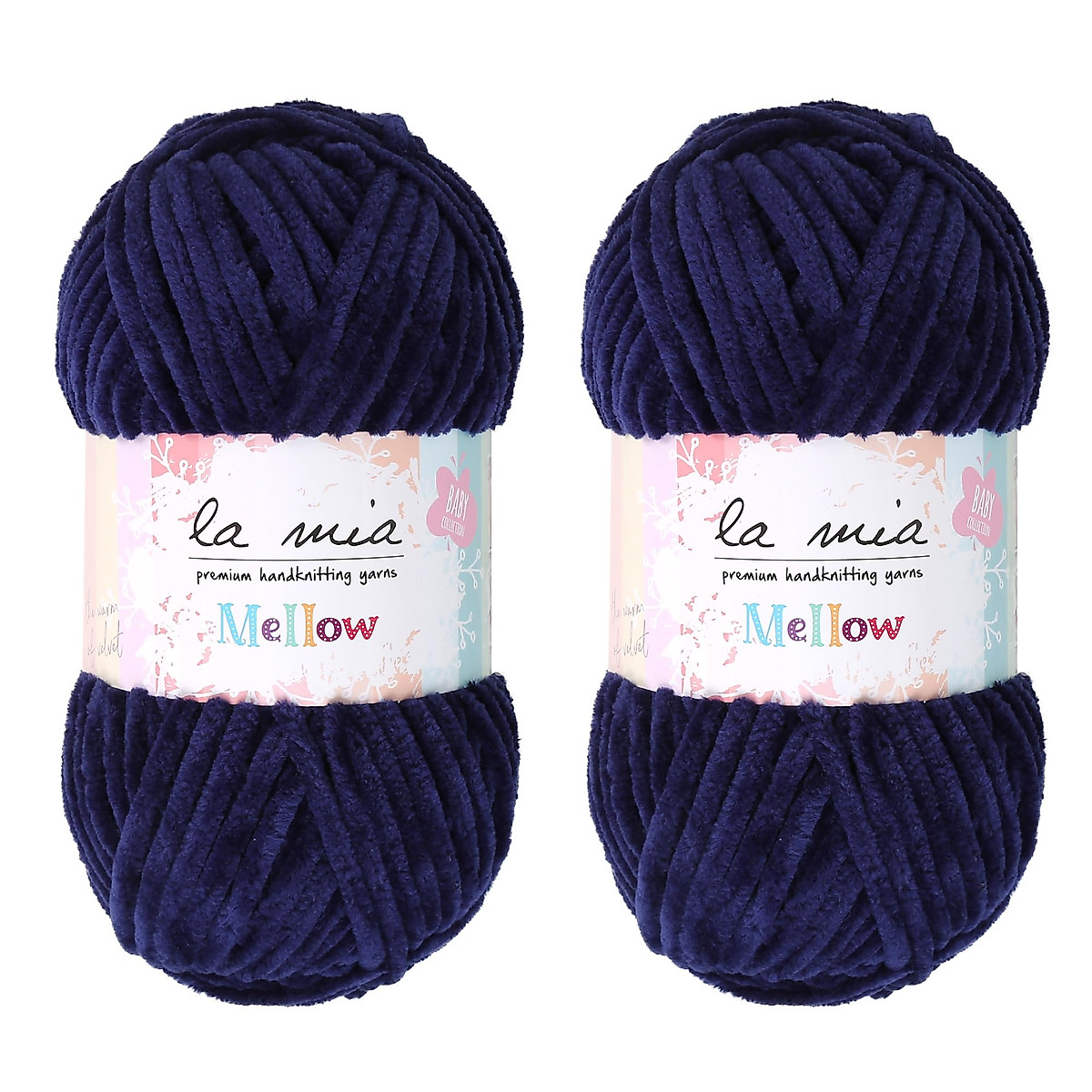 2 Skein La Mia Mellow Velvet Chenille Yarn for Knitting and Crocheting Baby Clothes, Blankets and Accessories, 100% Polyester, 100 gr (3.5 oz) / 115 m (125 Yards), Super Bulky, Navy Blue - 917