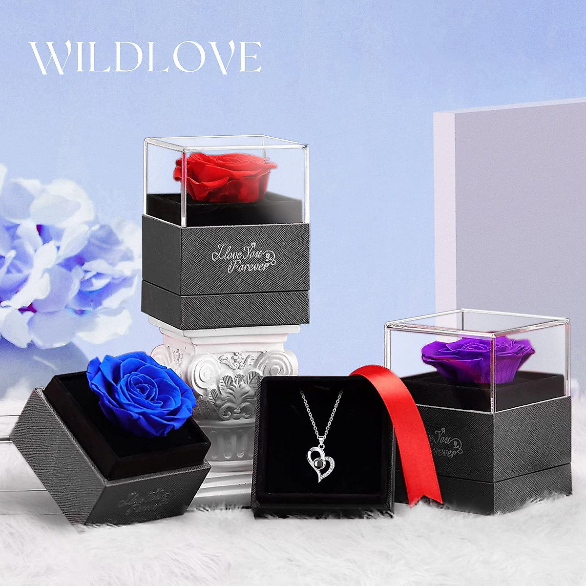 WILDLOVE Preserved Real Red Rose with Necklace in 100 Languages, Gifts for Mom Girlfriend Wife and Grandma on Mothers Day, Anniversary Birthday Gifts for Women