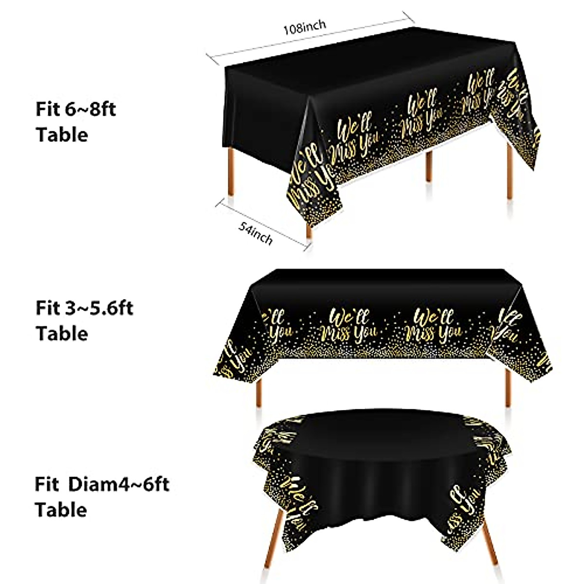 GuoZhiXin 3 Pack We Will Miss You Black and Gold Plastic Tablecloths, Disposable Party Table Cloths, Dot Confetti Covers for Retirement Awaits Bye Office Work Graduation , 54inch x 108inch