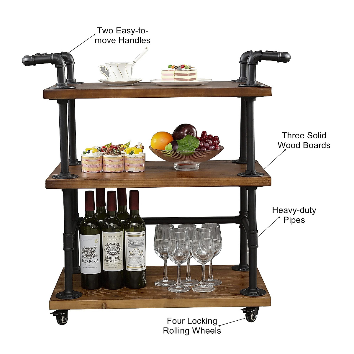DOFURNILIM Industrial Bar Carts/Serving Carts/Kitchen Carts/Wine Rack Carts on Wheels with Storage - Industrial Rolling Carts - Wine Tea Liquor Shelves/Holder - Solid Wood and Metal Home Furniture