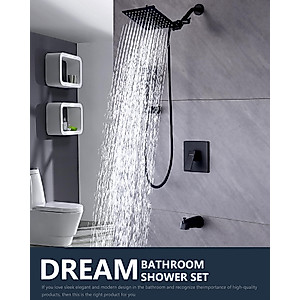 BLTFAUCER Matte Black Dual Bathtub Shower Faucet Set Combo with Handheld and 8 Inch Rainfall Shower Head|Adjustable Extension Shower Arm|Tub Spout|Pressure Balance Rough-in Valve Included