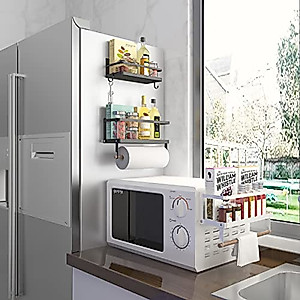 Magnetic Paper Towel Holder , 2-in-1 Magnetic Spice Rack with Hooks,Wall Mount Shelf Towel Rack for Refrigerator (Black, With hook)