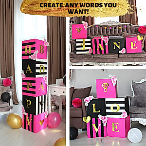 Hot Pink Party Decorations for Birthday, Bachelorette, Bridal or Baby Shower - 5 Boxes Blocks, 52 PC Letters for Custom NAME and 6 Flower Cutouts. Pink Rose Black White - Kate Spade Inspired