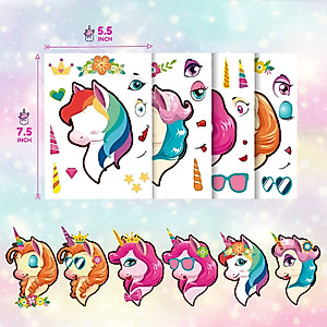 Mocoosy 48PCS Unicorn Stickers for Girls Age 4-6, Unicorn Party Favors Art Crafts for Toddlers 3-5, Make Your Own Face Stickers Birthday Game Activities, Goodie Bag Stuffers Kids Valentine's Day Gifts