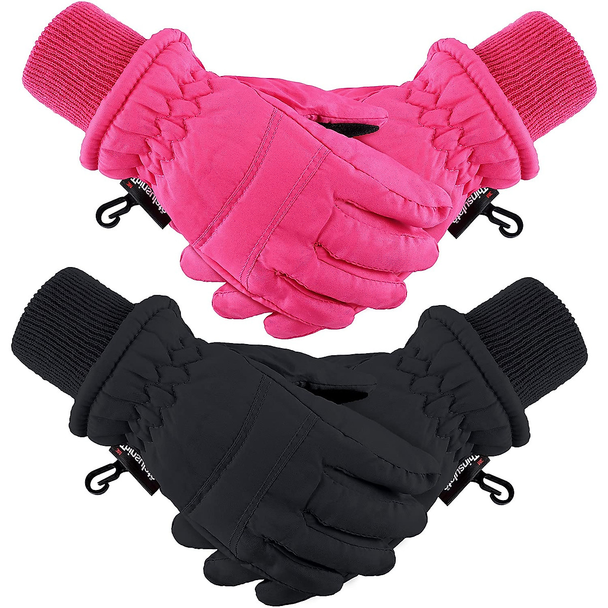 2 Pairs Kids Winter Ski Gloves Waterproof Warm Snow Mittens Full Finger Gloves for Toddlers Infants (Black, Rose Red, 3-6 Years)
