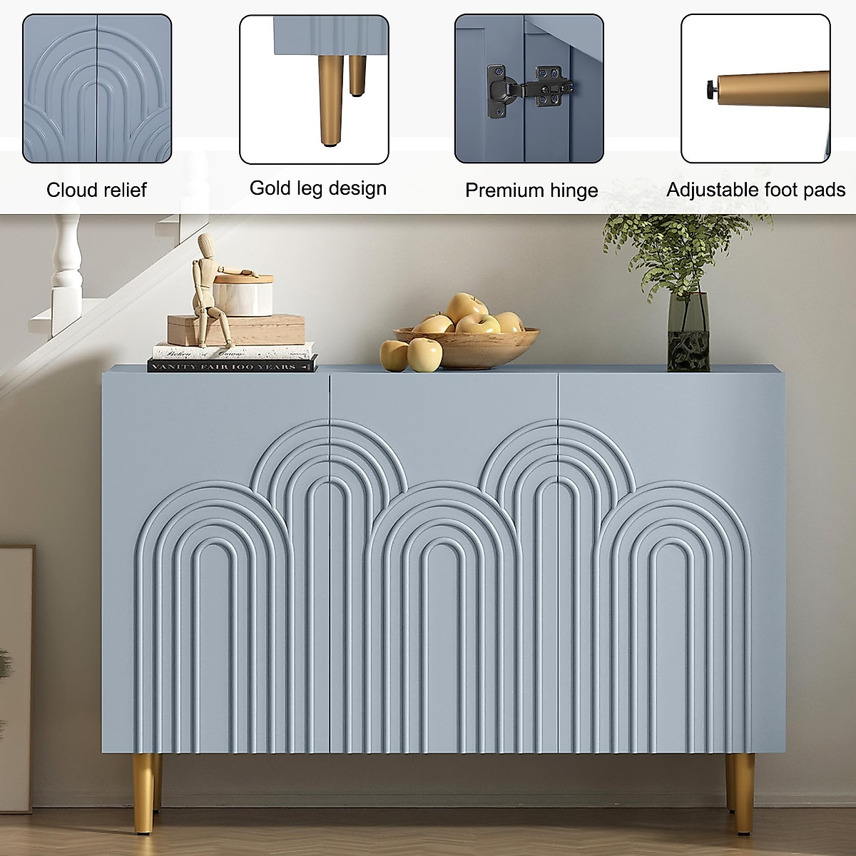 HLR Buffet Cabinet with Storage and 3 Doors, 47" Modern Wood Accent Storage Cabinet with Relief Patterned Doors, Sideboard Cabinet Credenzas for Living Room, Dining Room, Kitchen, Entryway, Blue