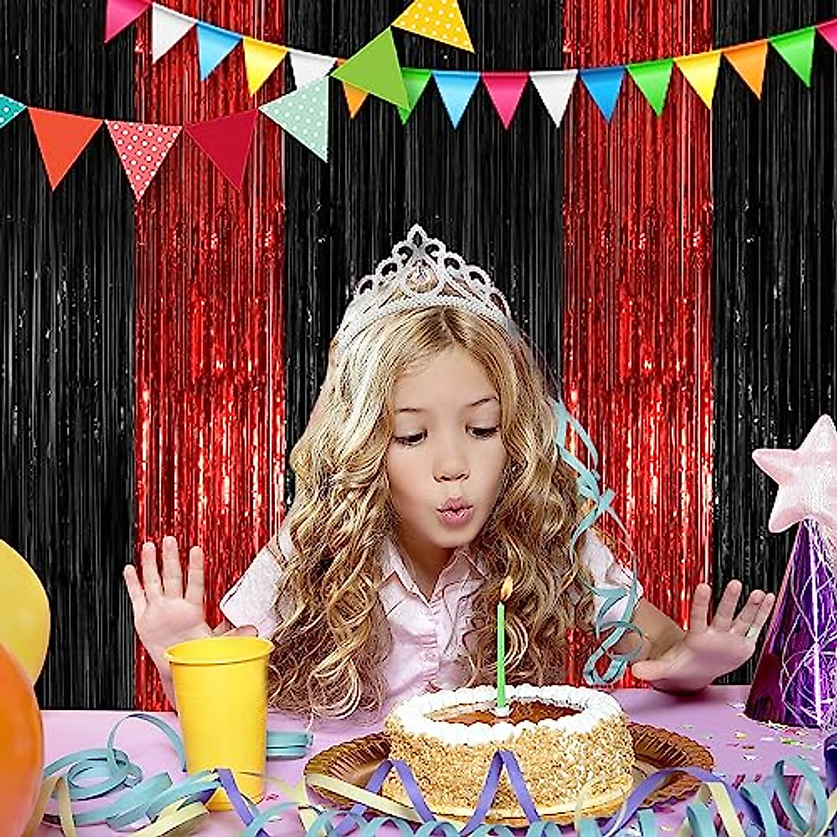 Black Red Fringe Curtain Party Streamers 2Pack 3.3x8.3 Ft Foil Fringe Backdrop Curtains for Birthday Wedding Bridal Baby Shower Holiday Tinsel Streamers Black Party Decorations Door Streamers