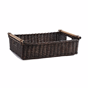 The Basket Lady Low Pole Handle Wicker Storage Basket, Large, 19.5 in L x 12.5 in W x 6 in H, Antique Walnut Brown