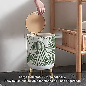 Trash Can with Lid Floral seamless green bamboo palm leaves on light brown pastel vintage theme Press Cover Small Garbage Bin Round with Wooden Legs Waste Basket for Bathroom Kitchen Bedroom 7L/1.8 Gallon