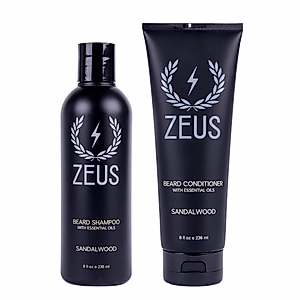 ZEUS Beard Wash & Beard Conditioner Set with Green Tea for Men, Soften, Hydrates & Moisturizes - MADE IN USA (Sandalwood)