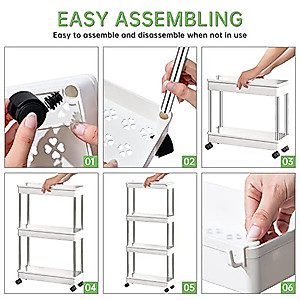 SYLEALA 4 Tier Slim Storage Cart,Mobile Shelving Unit Organizer Slide Out Storage Rolling Cart,Bathroom Organizer for Kitchen Laundry Narrow Places, Plastic & Stainless Steel, White (White)