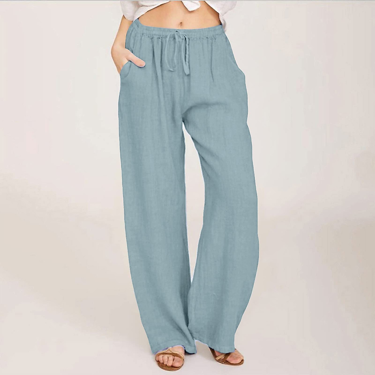 PETYCZEN Women's Cotton Linen Pants Summer Casual Elastic Waist Straight Leg Sweatpants Relaxed Fit Drawstring Wide Leg Pants Loose Beach Palazzo Pants Trousers with Pockets(C-Light Blue,X-Large)