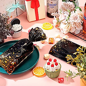 100 Pieces Plastic Party Treat Bags Foil Dot Cellophane Candy Goody Treat Bags with 100 Gold Twist Ties for Christmas Near Year Birthday Retirement Cocktail Wedding Party Supplies(Black Gold)