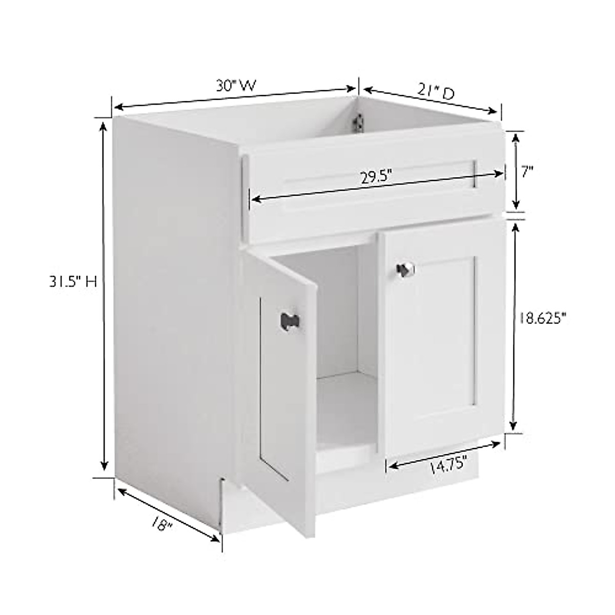 Design House 586941 Bath Unassembled Modern 2-Door Shaker Bathroom Vanity Cabinet Only, 30 x 21, White