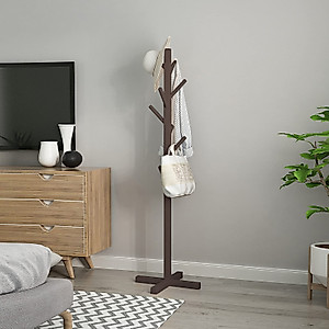 Tiasott Wooden Coat Rack Stand,Free Standing Tree Hanger,Standing Coat Rack with 8 Hooks,Hallway Entryway Clothes Hanger for Suits,Hats,Scarves,Handbags,Umbrella,Brown