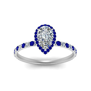 JewelryGift Pear Halo Diamond Ring sterling silver Created Blue Sapphire Pear shape Blue color Petite Engagement Rings prong Setting in Size 10 Minimal Surprise Gifts for Ladies