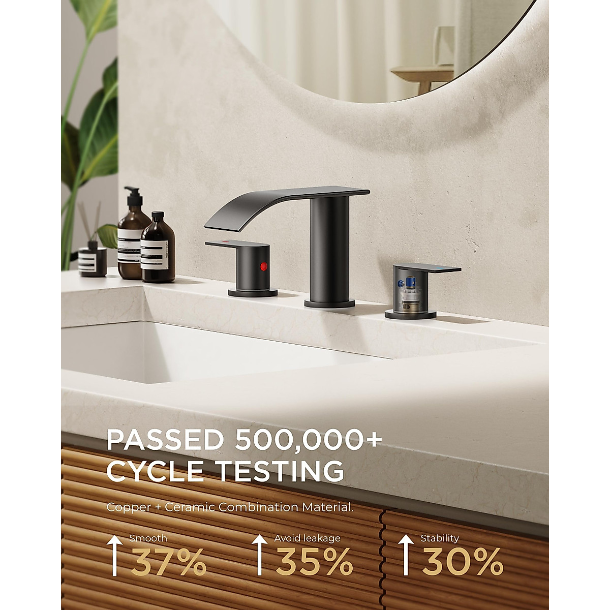 FORIOUS Black Bathroom Faucets, Matte Black Waterfall Bathroom Faucet 3 Hole with Metal Pop up Drain, 8 Inch Widespread Bathroom Sink Faucet Two Handle, Faucet for 6''-12'' Bathroom Sink Vanity