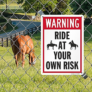 SmartSign 14 x 10 inch “Warning - Ride At Your Own Risk” Metal Sign, 40 mil Laminated Rustproof Aluminum, Red, Black and White, Made in USA