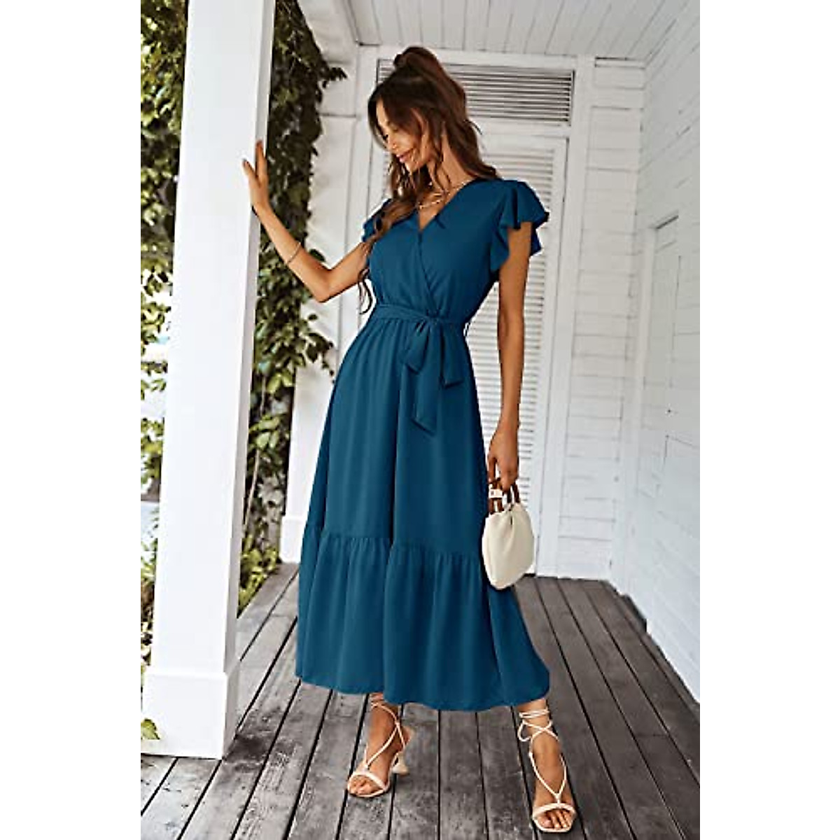PRETTYGARDEN Women's 2023 Floral Boho Dress Wrap V Neck Short Sleeve Belted Ruffle Hem A-Line Flowy Maxi Dresses (Solid Lake Blue,X-Large)