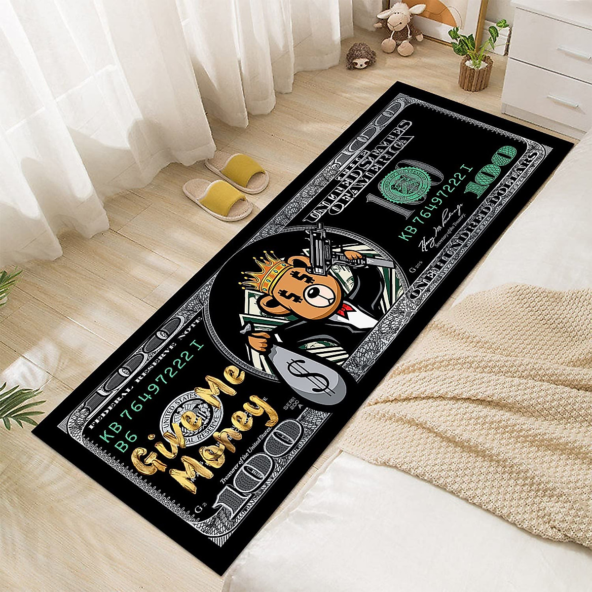 JUST BREATHE Black Money Rugs 100 Dollar Bill Rug Give Me Money Fun Bear Runner Rug 59"x24"
