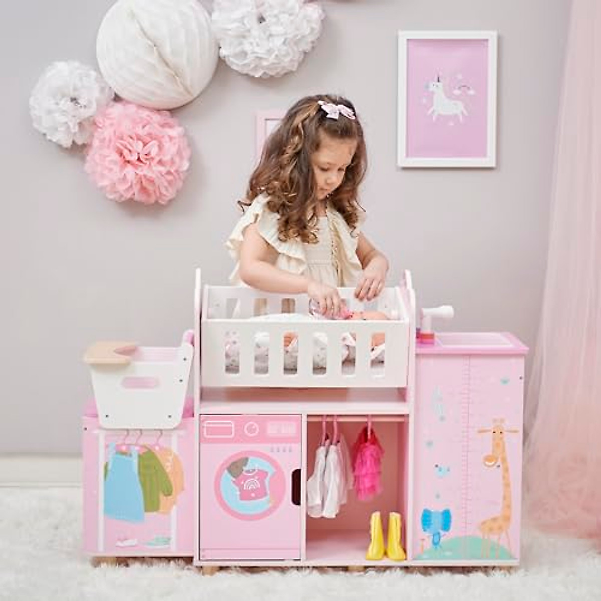 Olivia's Little World Amanda 6-in-1 Wooden Doll Nursery Station with Rocking Cradle, High Chair, Storage, Washing Machine and Sink - for 3 yrs and up, Pretend Play House, Daycare - Pink/Multi