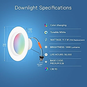 Feit Electric Smart Recessed Light, Fits Most 5-6" Can Housing, Works with Alexa or Google Assistant, Dimmable, 75W Equiv, 1000 Lumens, 2.4GHz WiFi Color Changing Downlight, LEDR6/RGBW/AG, 1 Pack