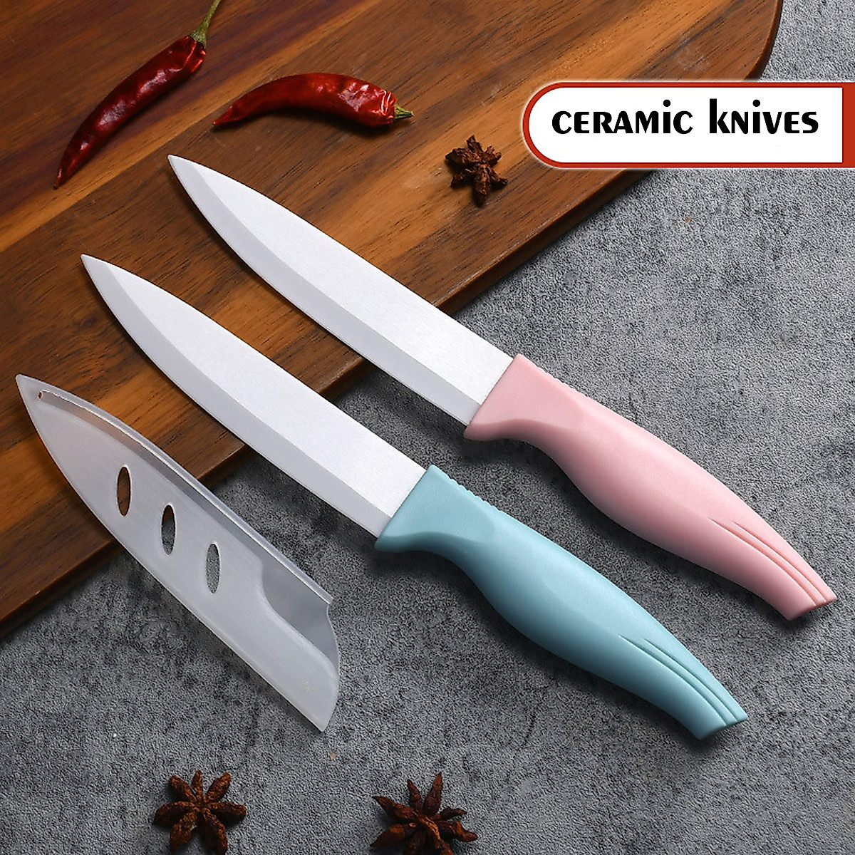 gajing Ceramic Fruit Knife Set 2-Piece with Sheaths Pink non-slip Grip handle,Antioxidation Sharp Blade For Fruit Paring When Traveling Which Placed in Bags, Fruit Plates Blue